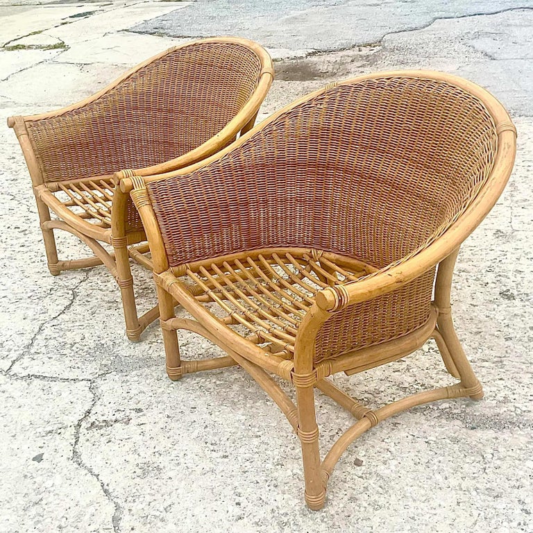 Vintage Coastal Italian 60's Woven Rattan Lounge Chairs, a Pair at 1stDibs