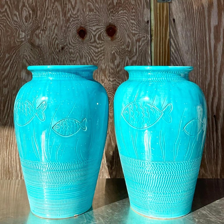 Vintage Coastal Italian Glazed Ceramic Fish Urns, a Pair For Sale at ...