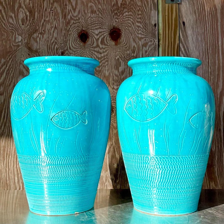 Vintage Coastal Italian Glazed Ceramic Fish Urns, a Pair For Sale at ...
