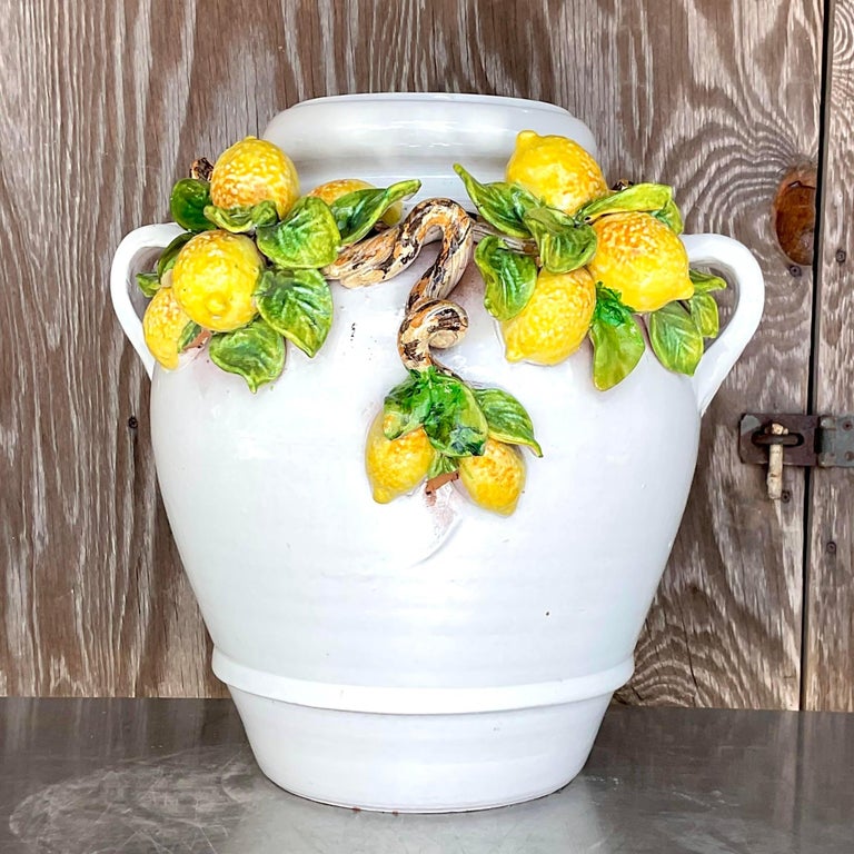Vintage Coastal Italian Signed Glazed Ceramic Lemon Urn at 1stDibs