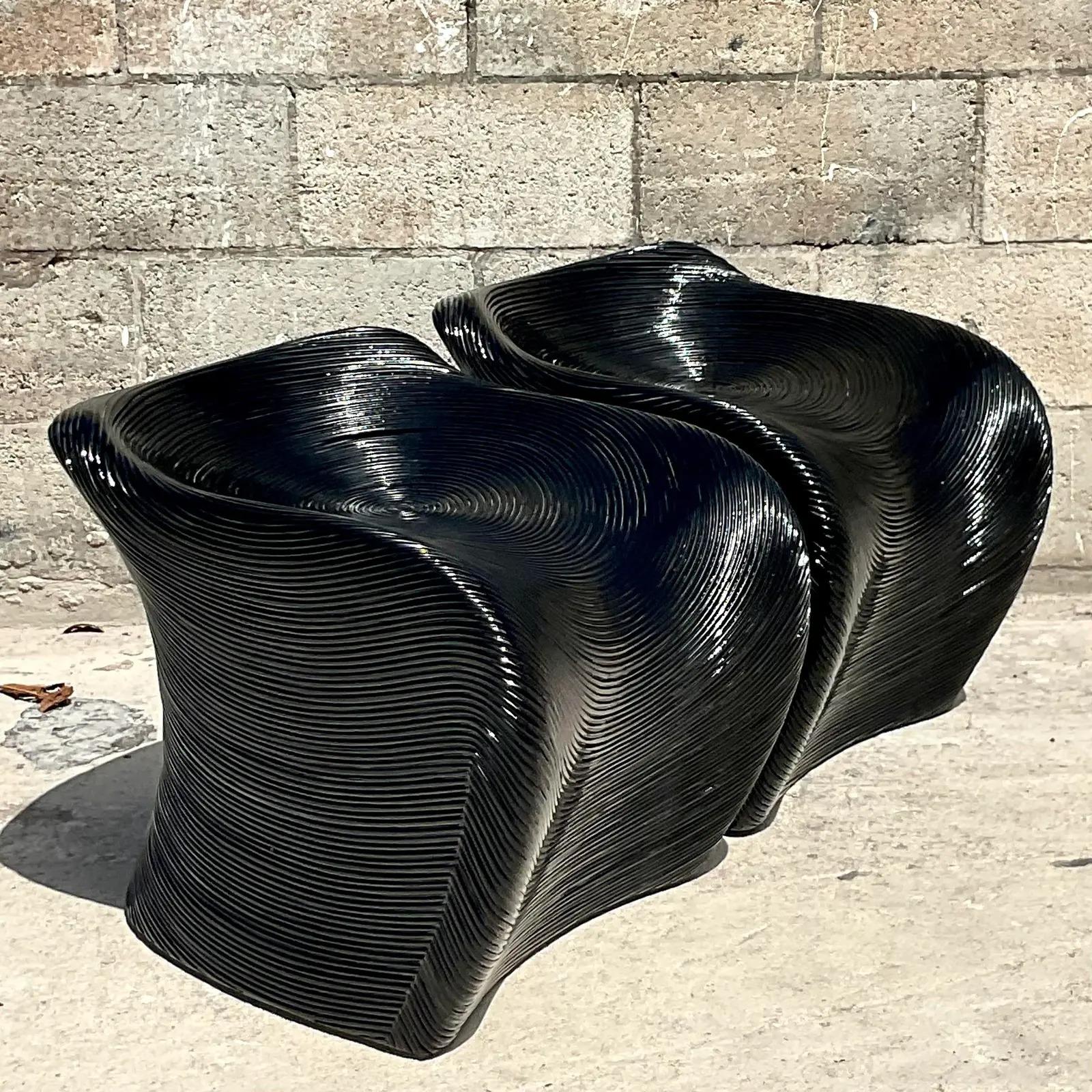 Vintage Coastal Lacquered Pencil Reed Low Seats, a Pair at 1stDibs
