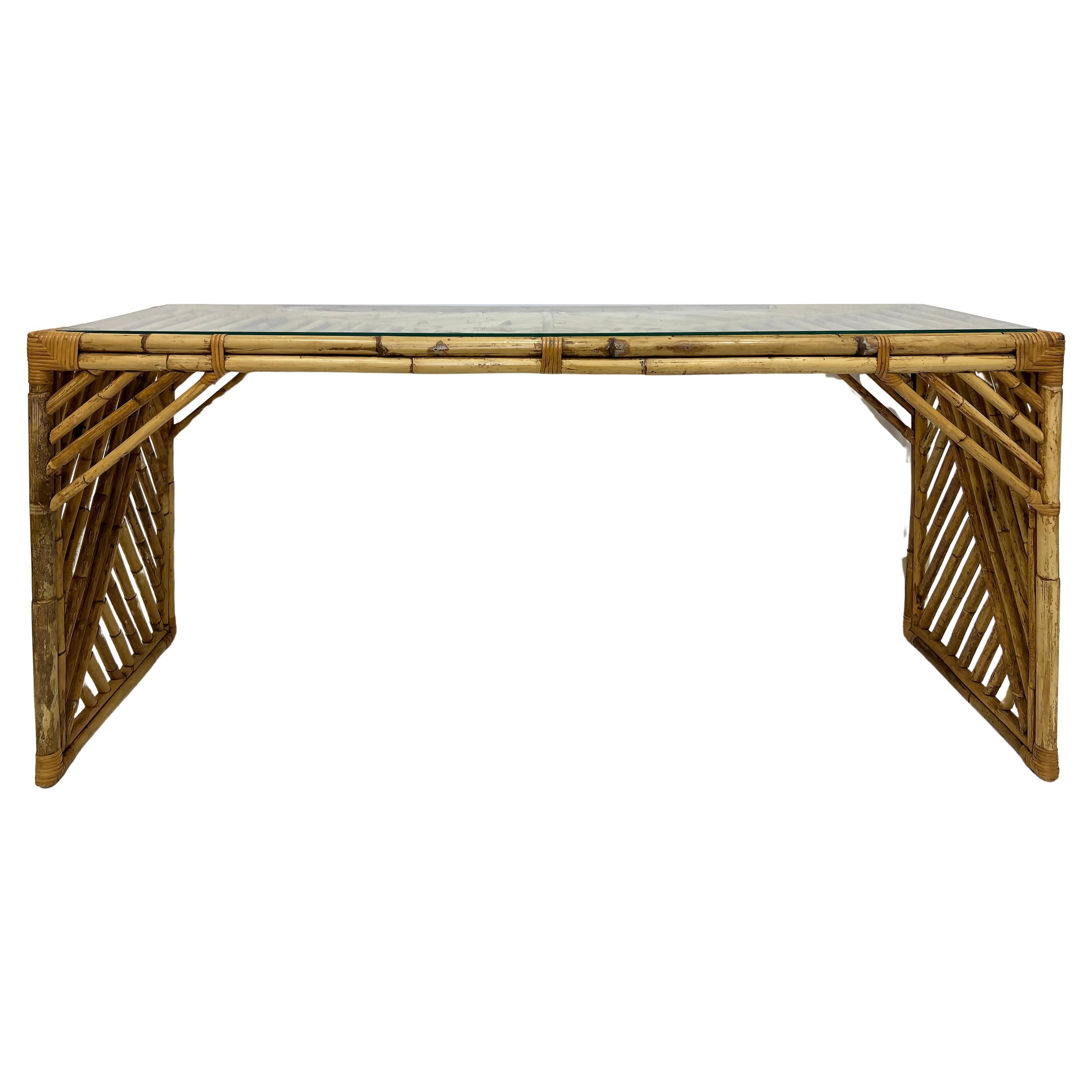 Vintage Coastal Lattice Rattan Console Table with Glass Top For Sale at ...
