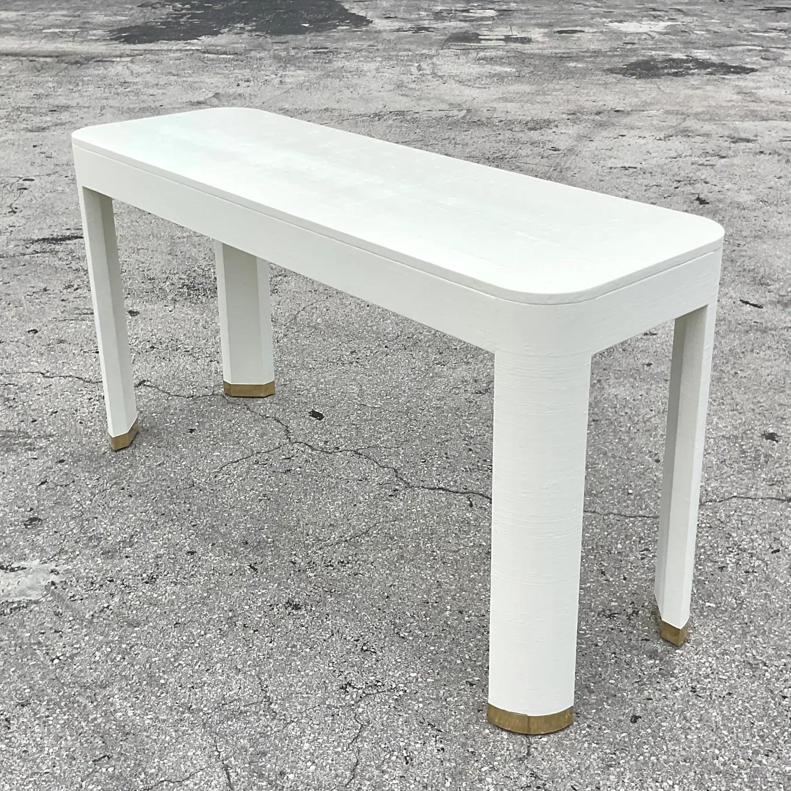 Vintage Coastal Linen Wrapped Century Furniture Console Table at 1stDibs