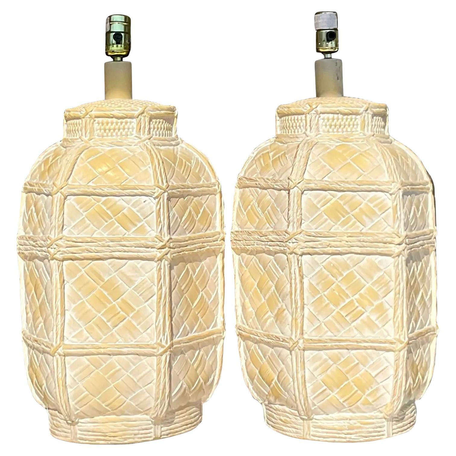 Pair of Ceramic Basket Weave Lamps at 1stDibs