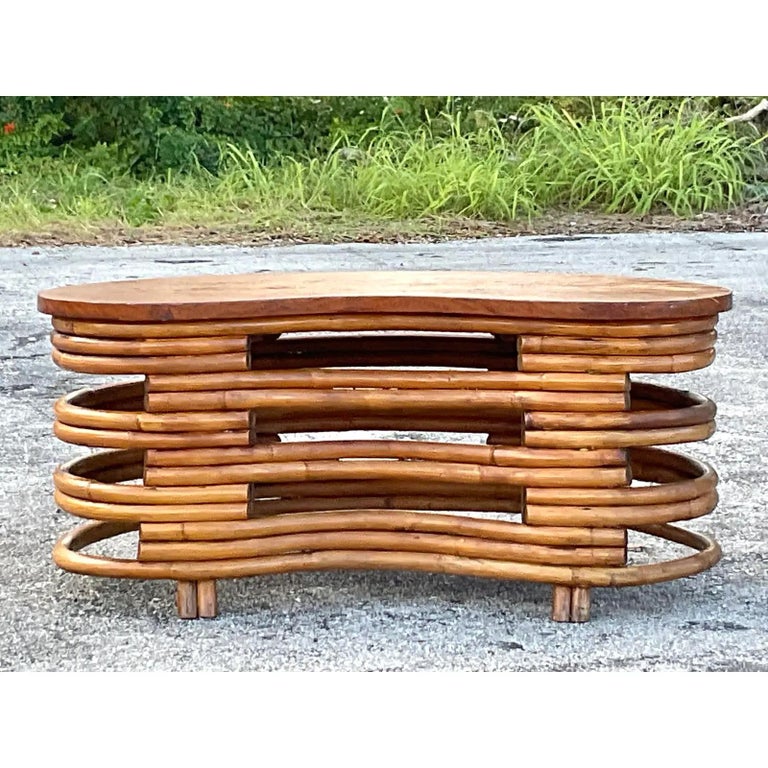 Vintage Coastal MCM Kidney Bean Rattan Coffee Table After Frankl For ...