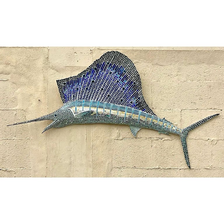 Vintage Coastal Mirrored Sailfish Wall Sculpture Signed For Sale at 1stDibs