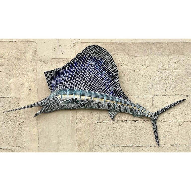 Vintage Coastal Mirrored Sailfish Wall Sculpture Signed For Sale at 1stDibs