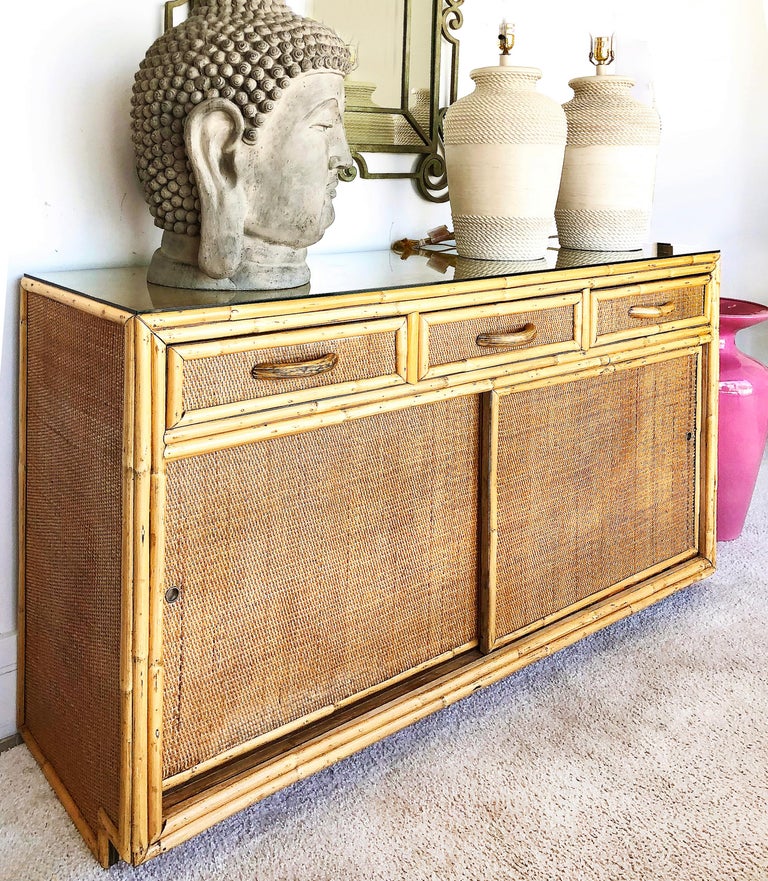 Vintage Coastal Modern Rattan / Woven Cane Cabinet For Sale at 1stDibs