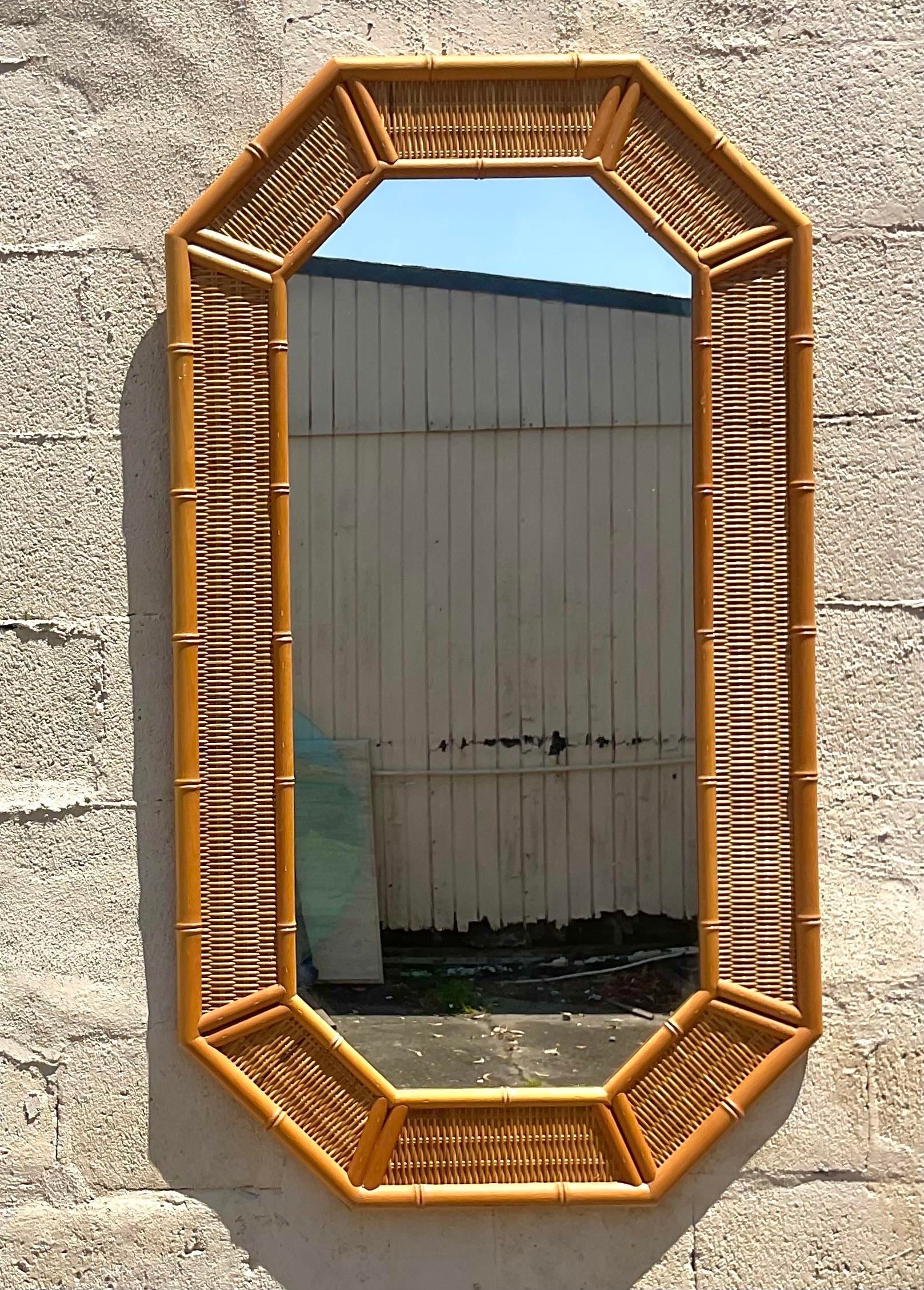 Vintage Coastal Octagon Woven Rattan Mirror For Sale at 1stDibs