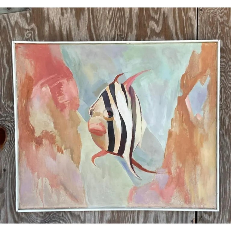 Vintage Coastal Original Oil Painting of Angelfish For Sale at 1stDibs