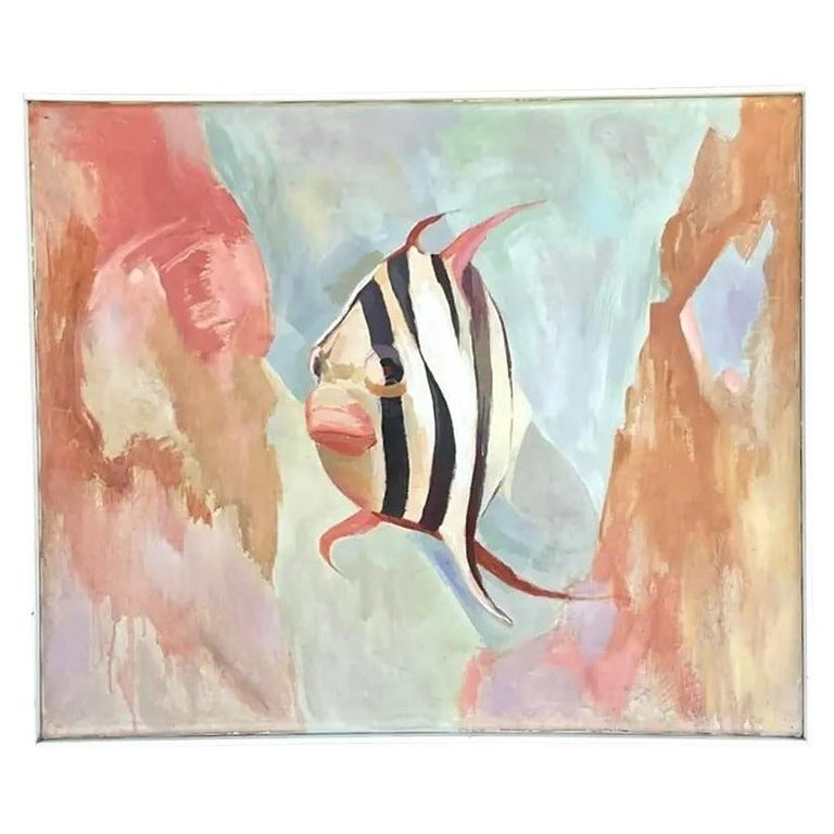 Vintage Coastal Original Oil Painting of Angelfish For Sale at 1stDibs