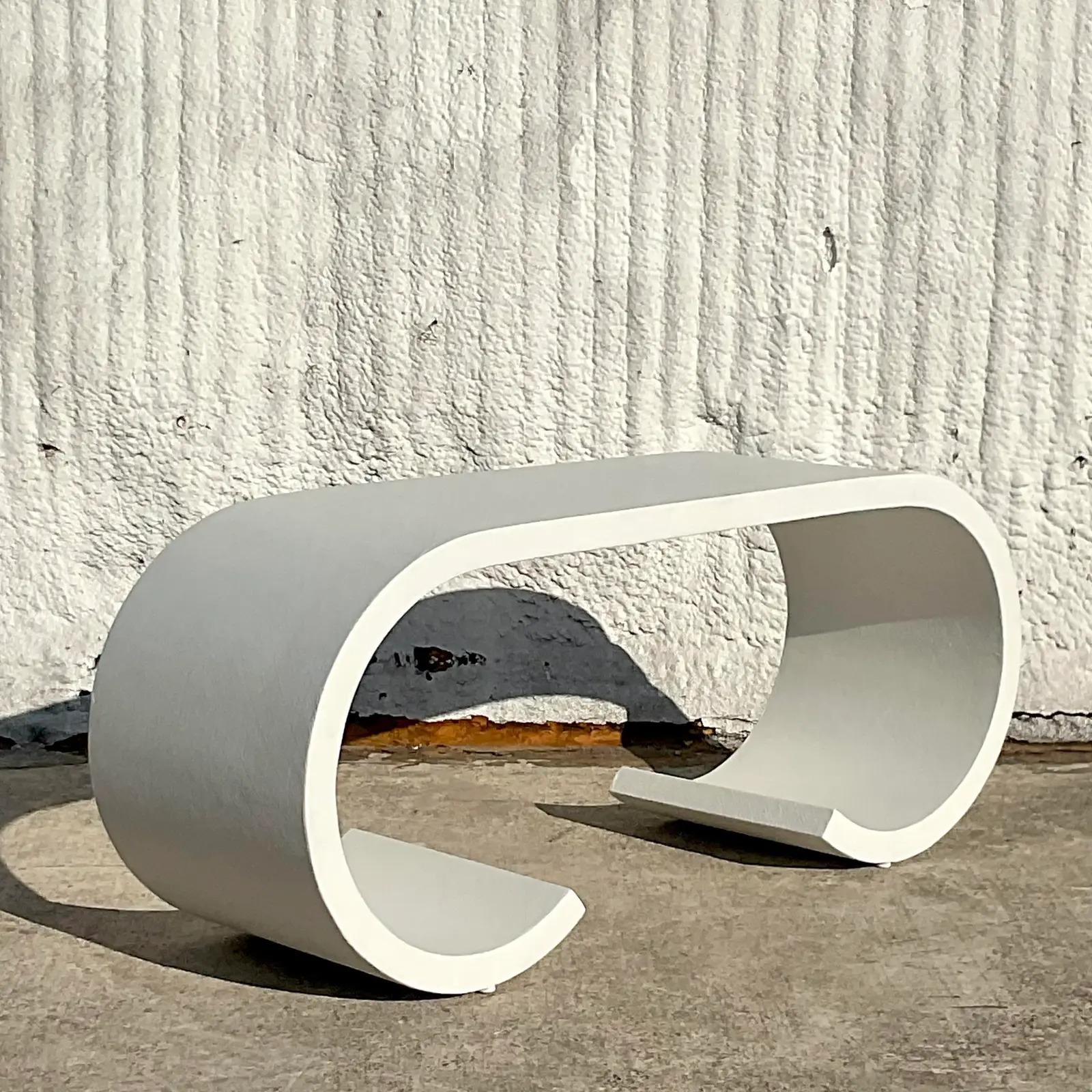 Vintage Coastal Painted Grasscloth Scroll Console Table at 1stDibs