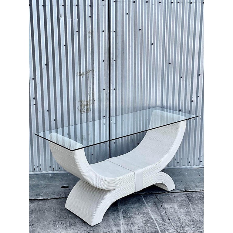 Vintage Coastal Painted Pencil Reed Console Table For Sale at 1stDibs