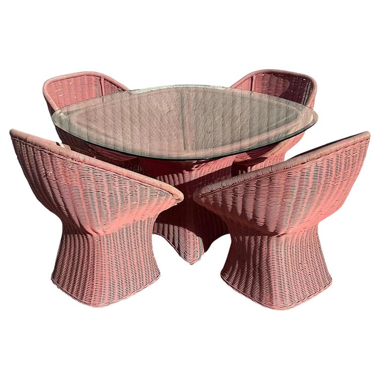 Vintage Coastal Painted Rattan Dining Set of 5 For Sale at 1stDibs