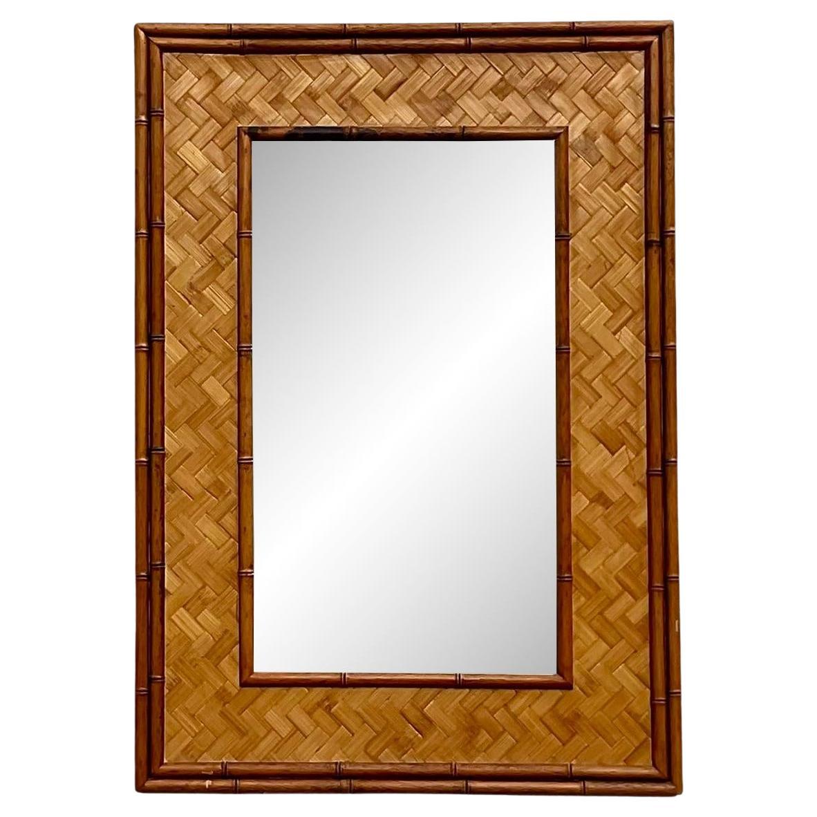 Vintage Coastal Parquet Rattan Wall Mirror For Sale at 1stDibs