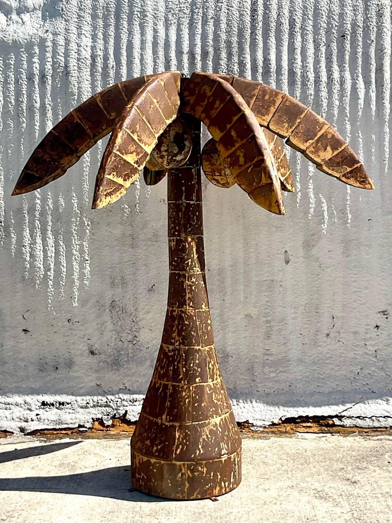 Vintage Coastal Patinated Metal Palm Tree Sculpture For Sale at 1stDibs