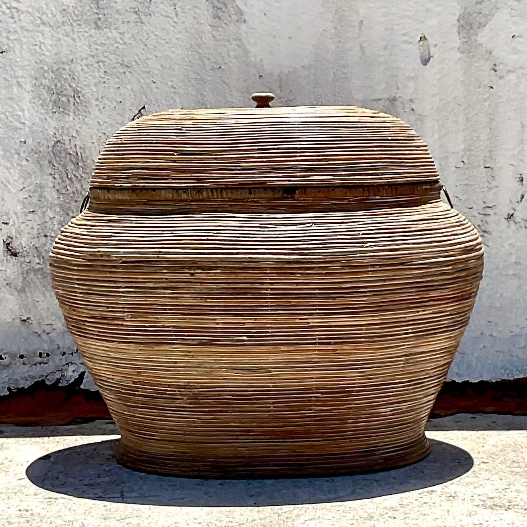 Vintage Coastal Pencil Reed Lidded Basket For Sale at 1stDibs