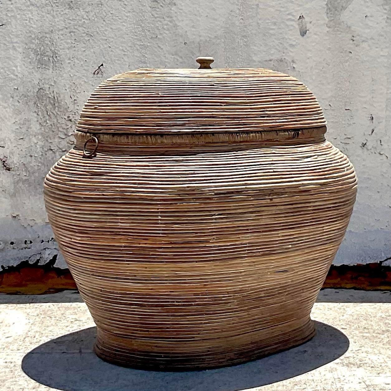 Vintage Coastal Pencil Reed Lidded Basket For Sale at 1stDibs