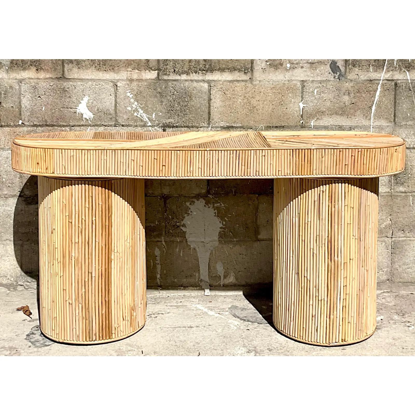 Vintage Coastal Pencil Reed Oval Console Table at 1stDibs