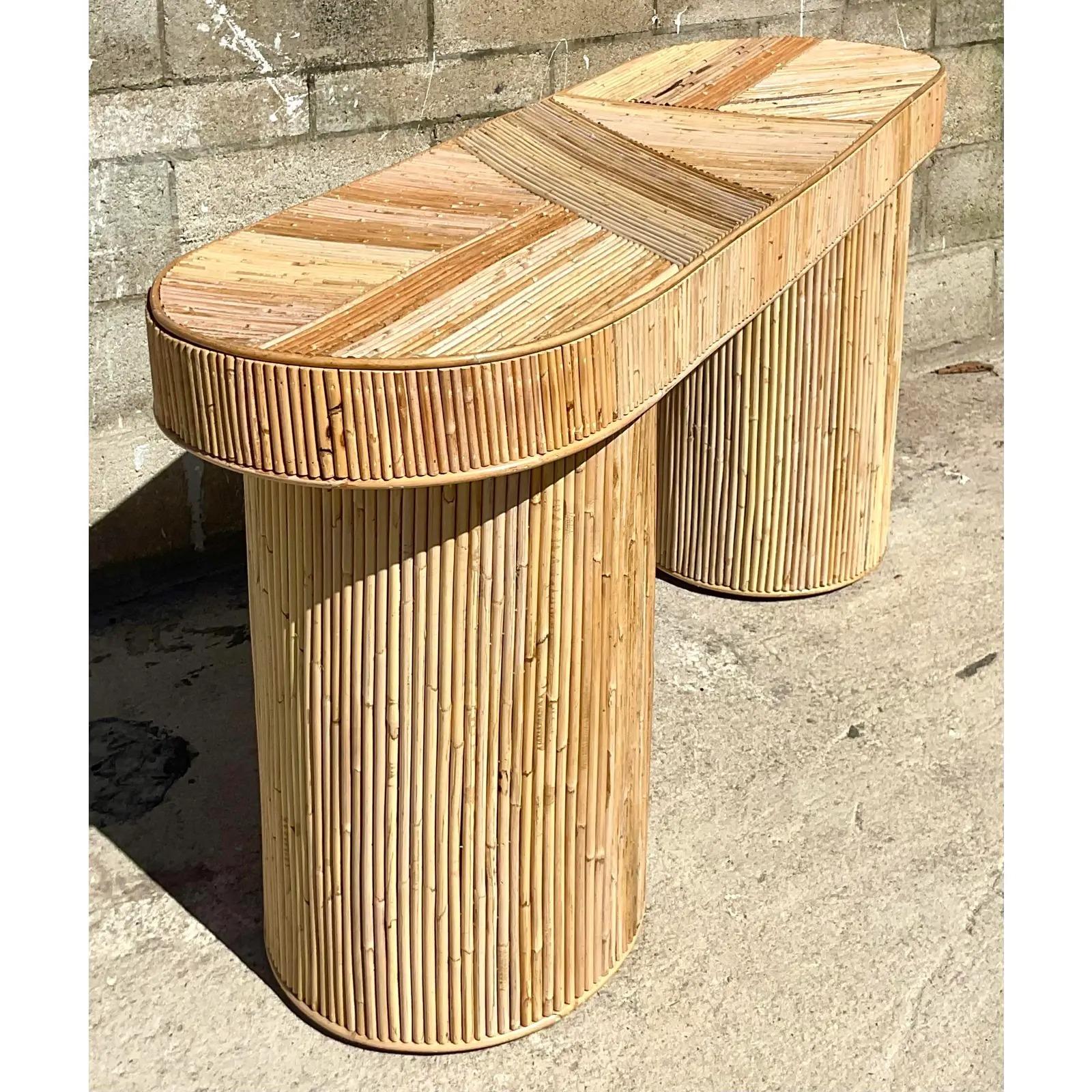 Vintage Coastal Pencil Reed Oval Console Table at 1stDibs