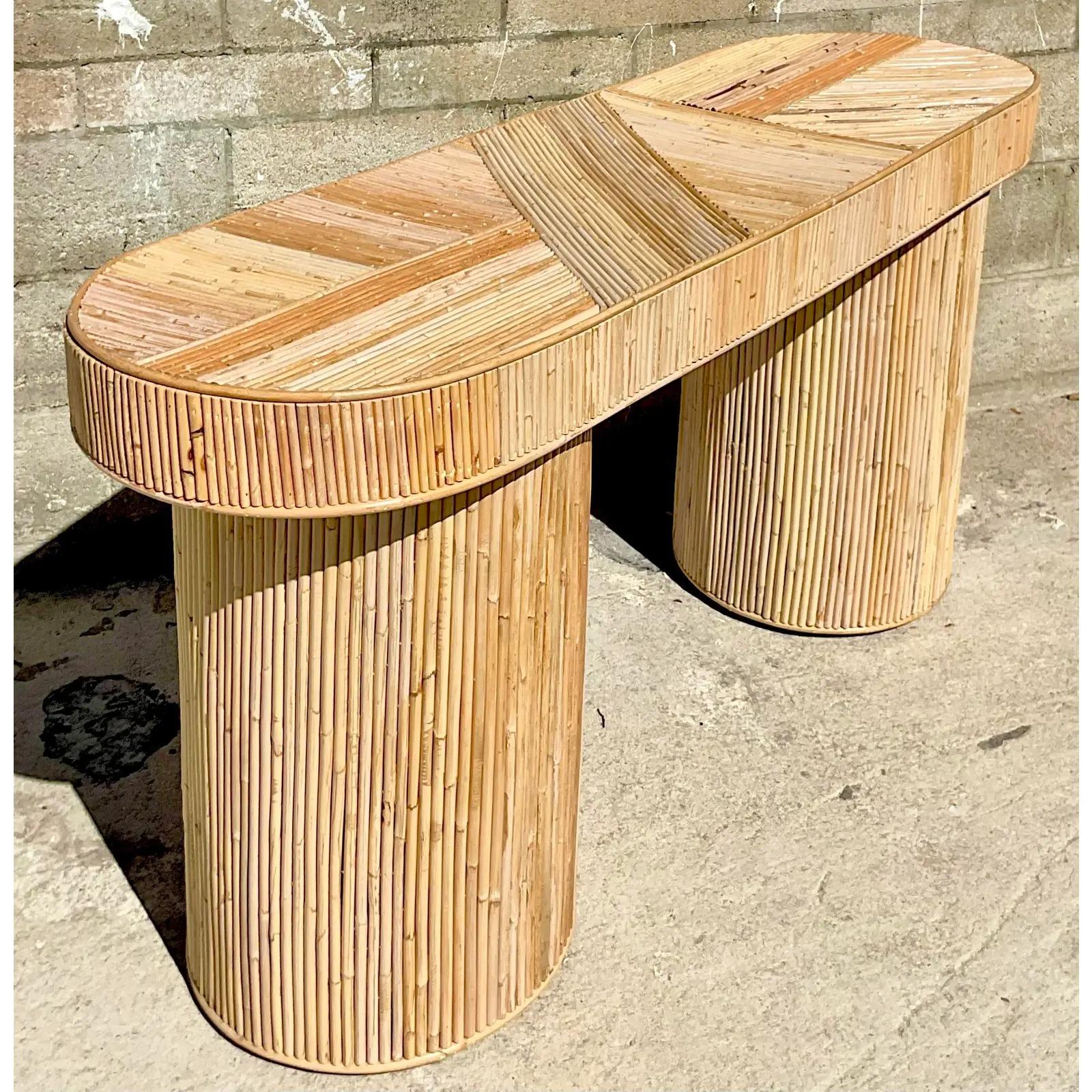 Vintage Coastal Pencil Reed Oval Console Table at 1stDibs