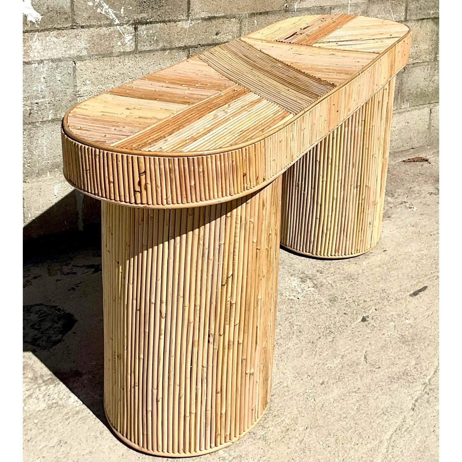 Vintage Coastal Pencil Reed Oval Console Table at 1stDibs