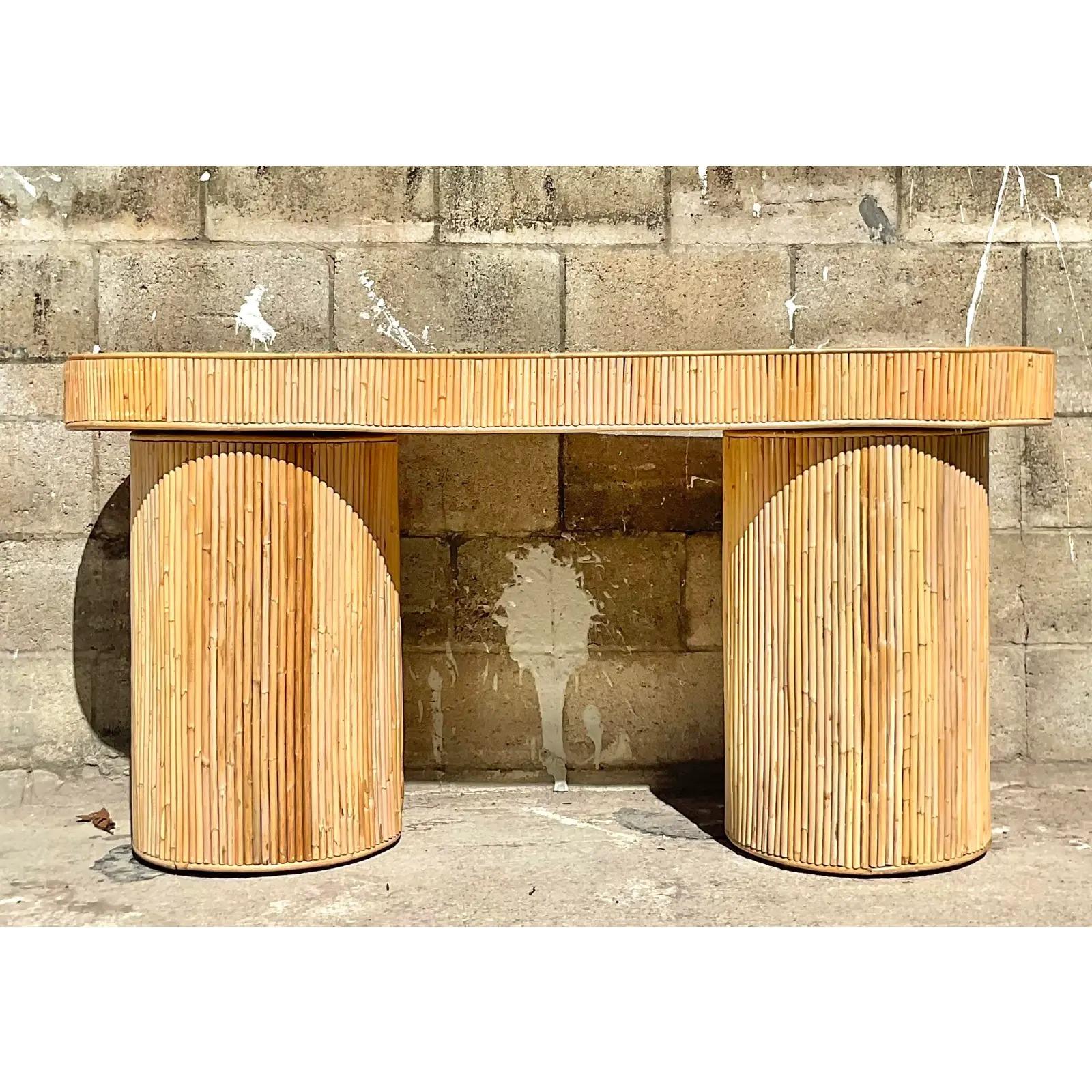 Vintage Coastal Pencil Reed Oval Console Table at 1stDibs