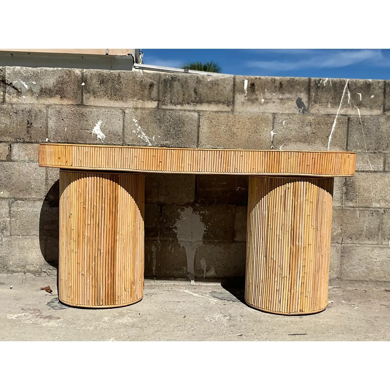 Vintage Coastal Pencil Reed Oval Console Table at 1stDibs