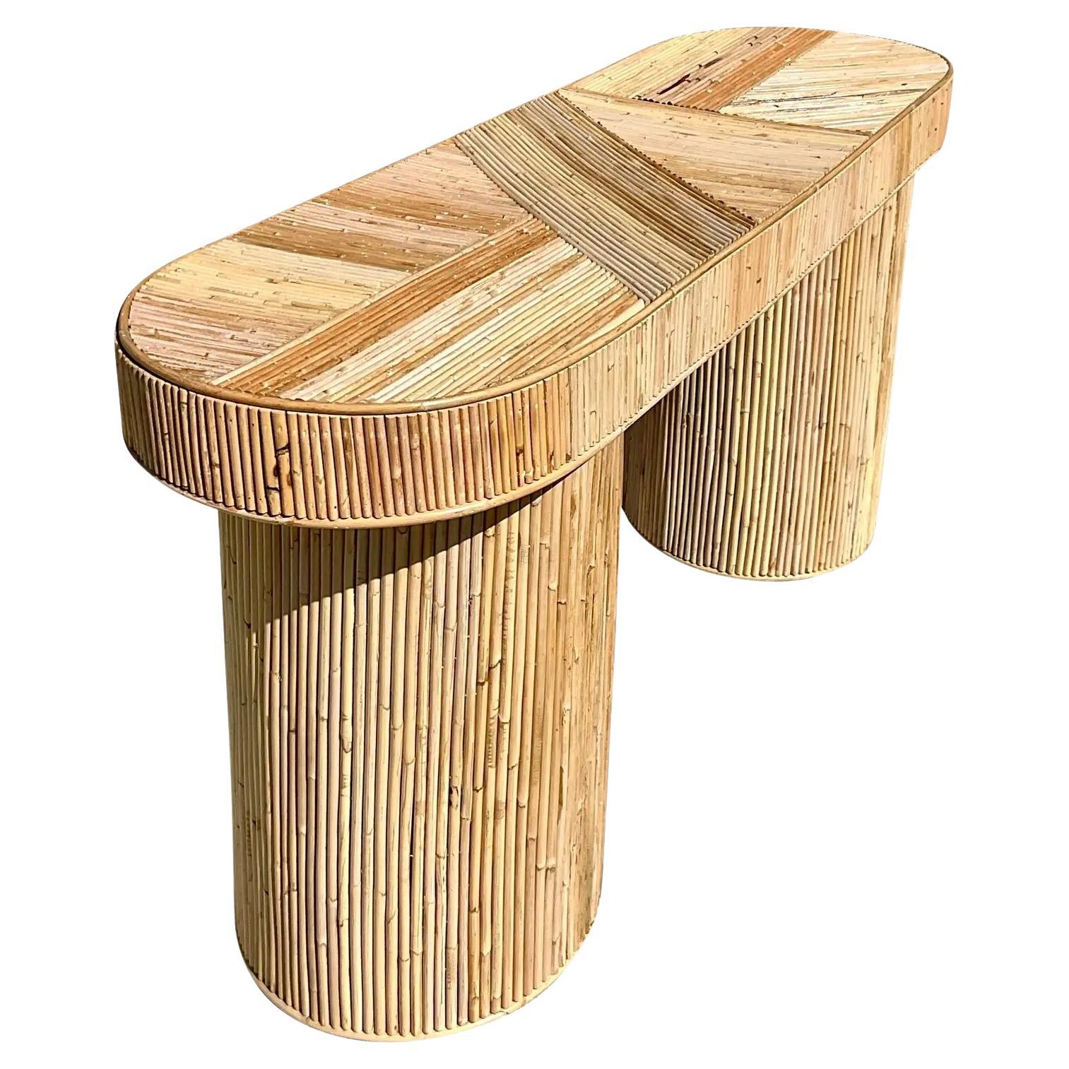 Vintage Coastal Pencil Reed Oval Console Table at 1stDibs