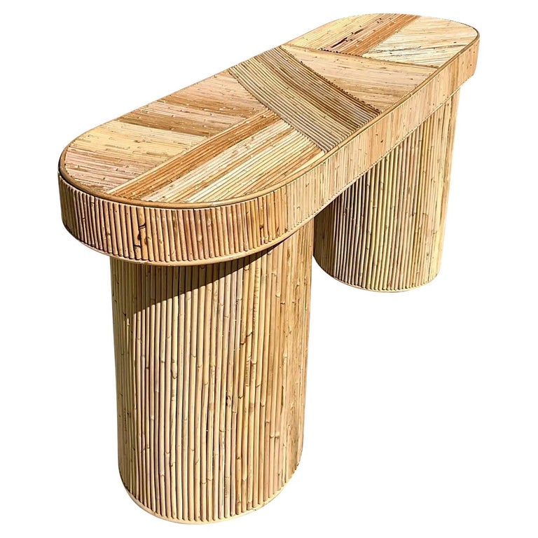 Vintage Coastal Pencil Reed Oval Console Table at 1stDibs