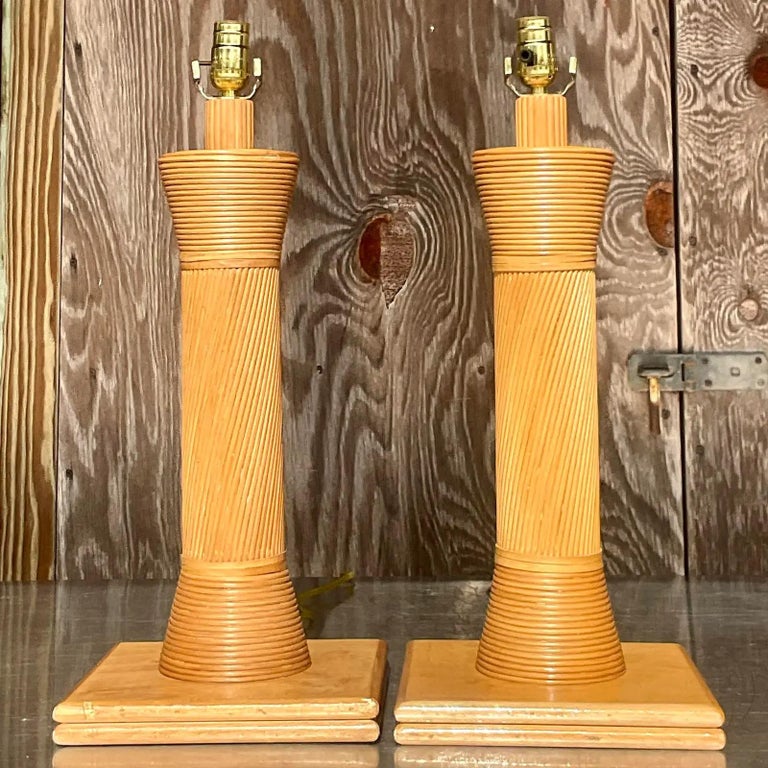 Vintage Coastal Pencil Reed Table Lamps, Pair For Sale at 1stDibs