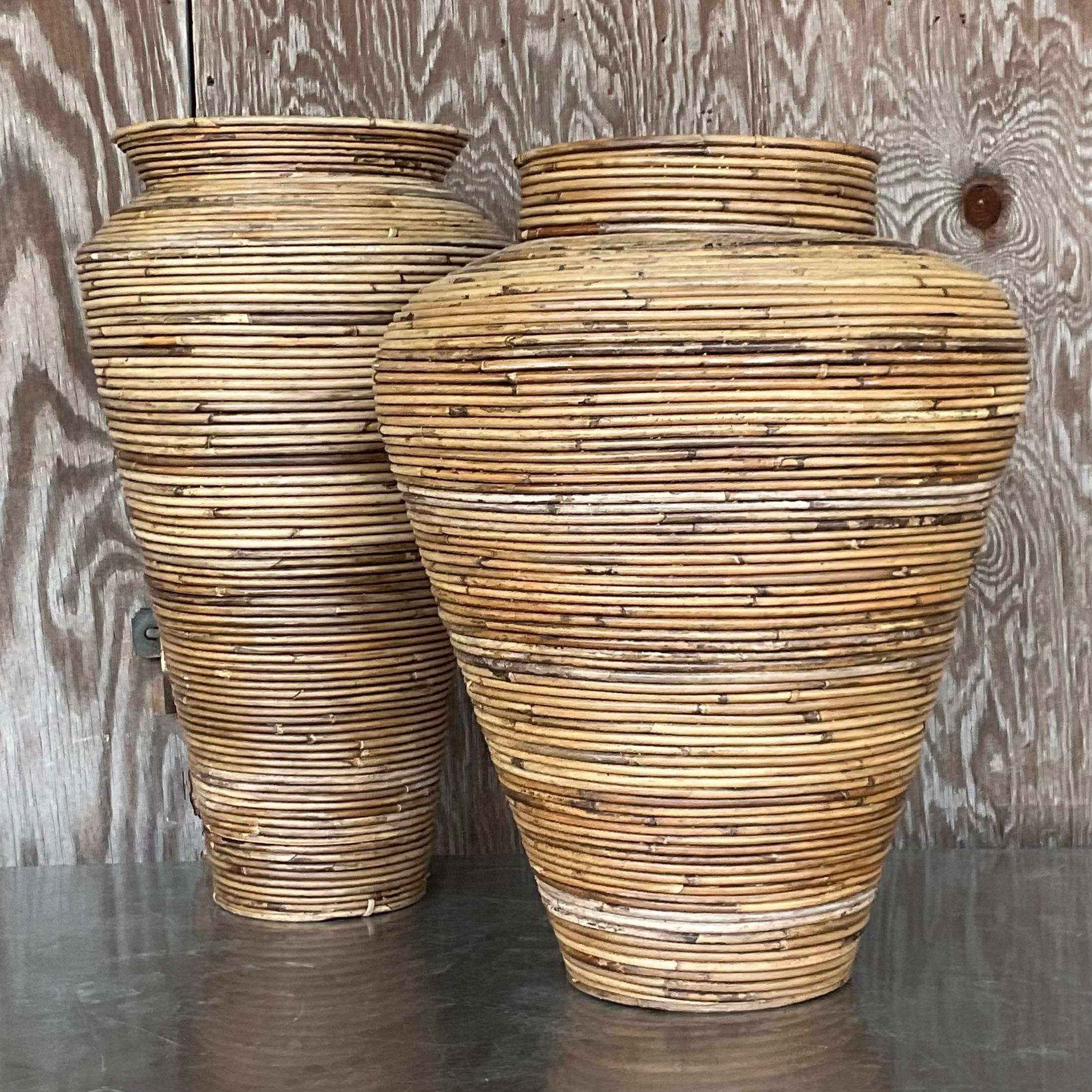 Vintage Coastal Pencil Reed Vases, Set of Two For Sale at 1stDibs