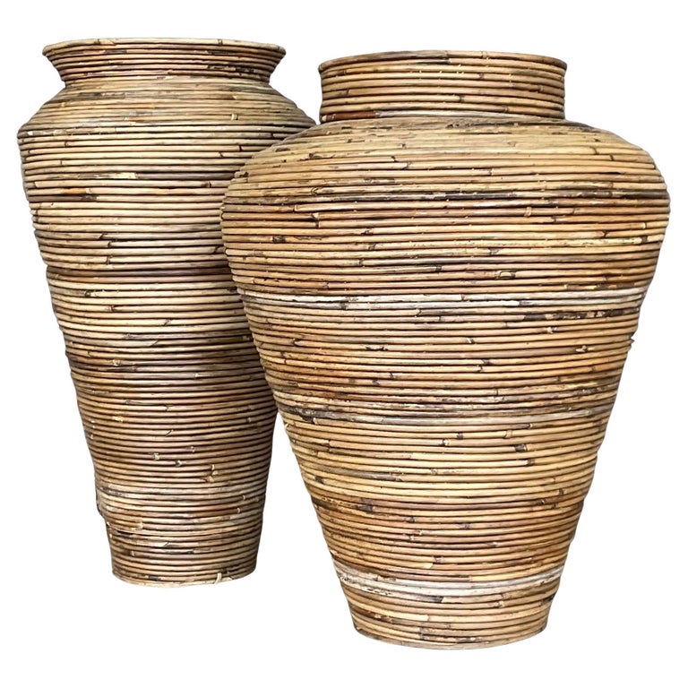 Vintage Coastal Pencil Reed Vases - Set of Two For Sale at 1stDibs