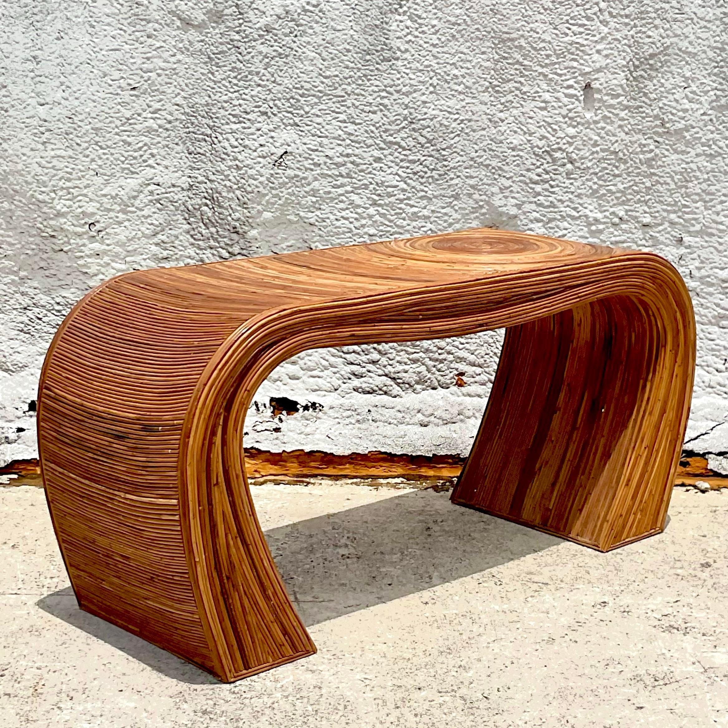 Vintage Coastal Pencil Reed Waterfall Console Table For Sale at 1stDibs