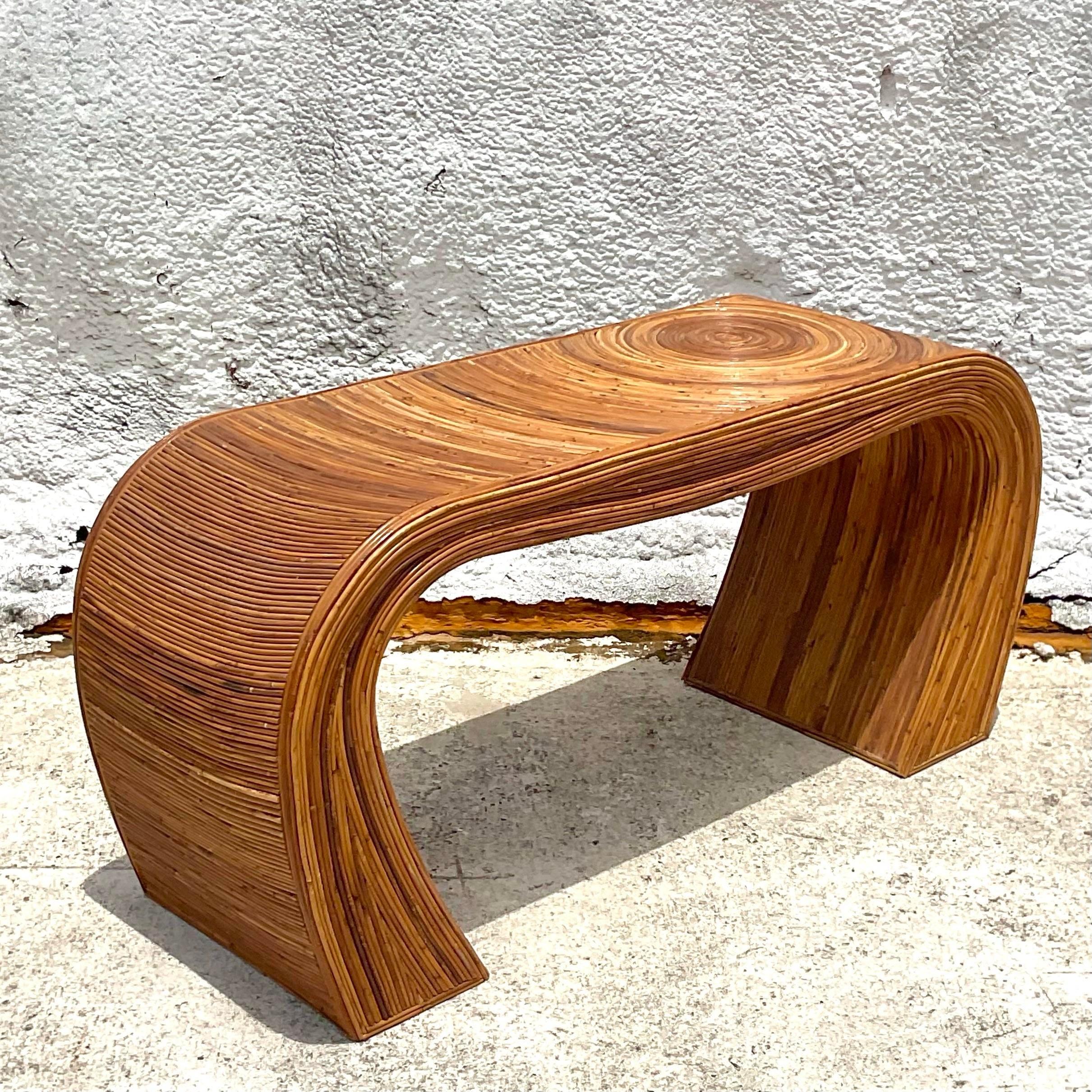 Vintage Coastal Pencil Reed Waterfall Console Table For Sale at 1stDibs