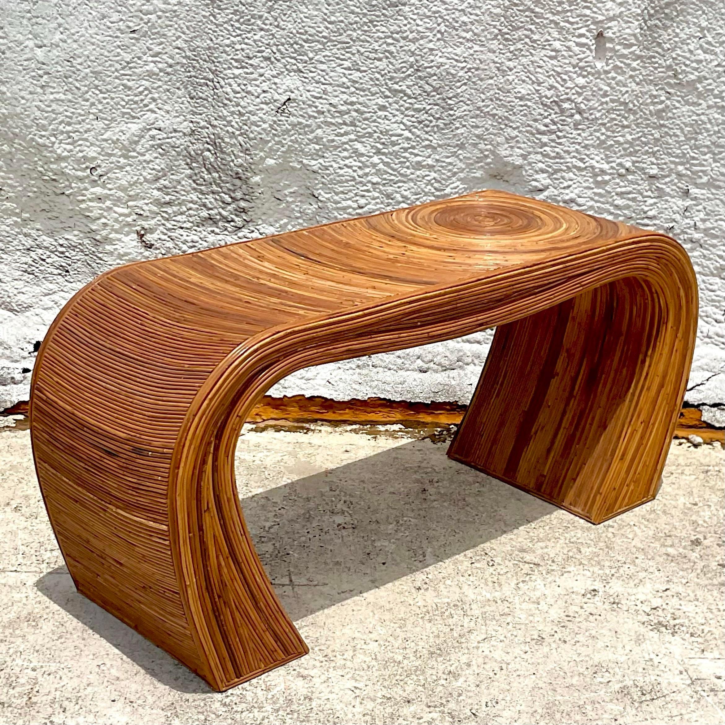 Vintage Coastal Pencil Reed Waterfall Console Table For Sale at 1stDibs