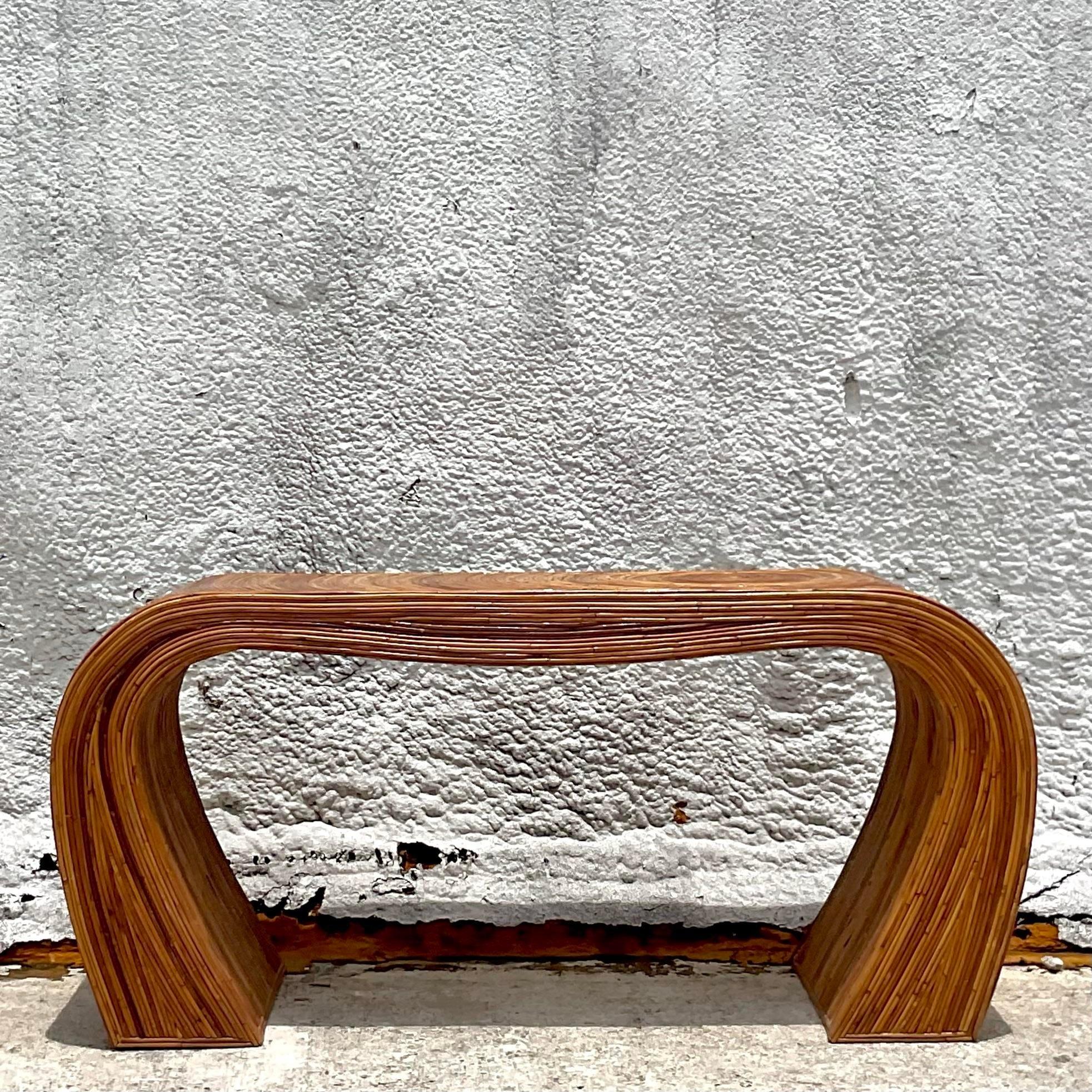 Vintage Coastal Pencil Reed Waterfall Console Table For Sale at 1stDibs