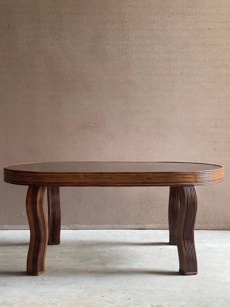 Vintage Coastal Pencil Reed Wavy Legged and Smoked Glass Dining Table ...