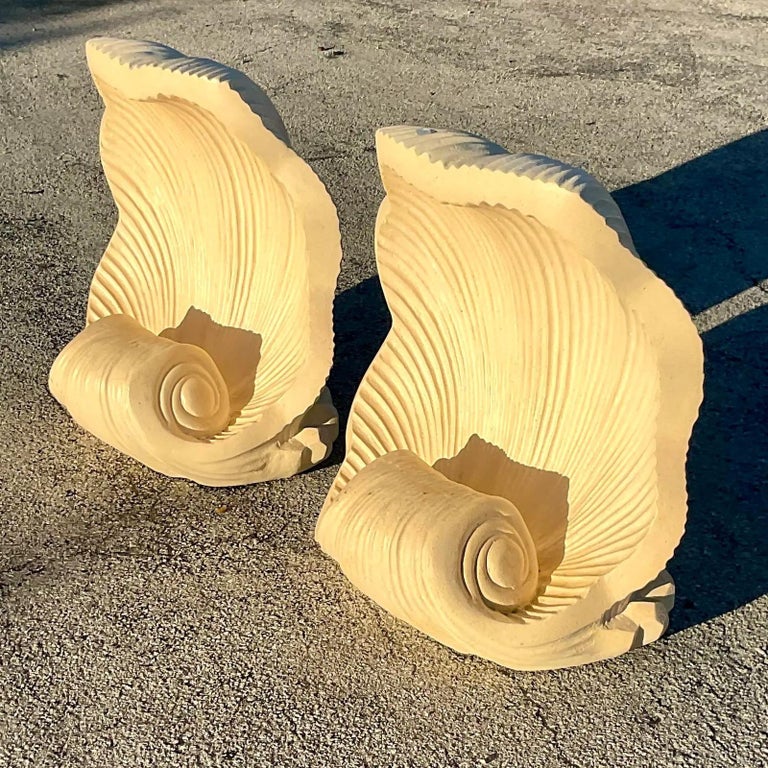 Vintage Coastal Plaster Clamshell Table Pedestal , Pair For Sale at 1stDibs