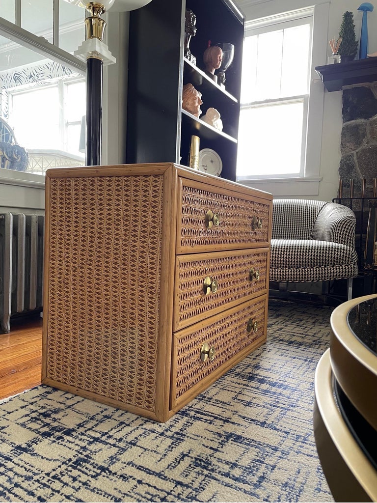 Vintage Coastal Rattan Bamboo and Cane Desk Chest of Drawers or Commode ...