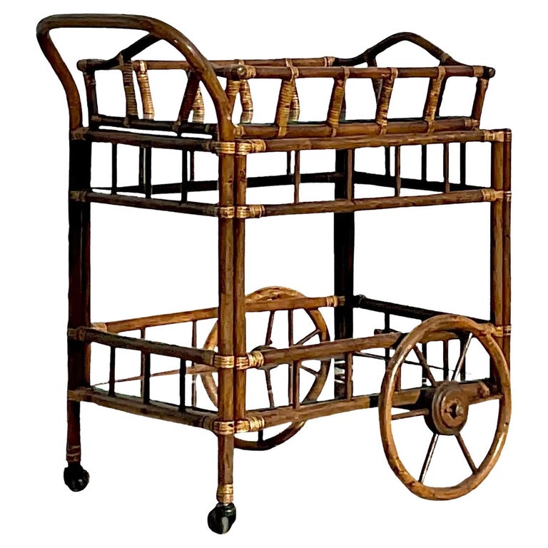 Vintage Coastal Rattan Bar Cart with Butler’s Tray For Sale at 1stDibs