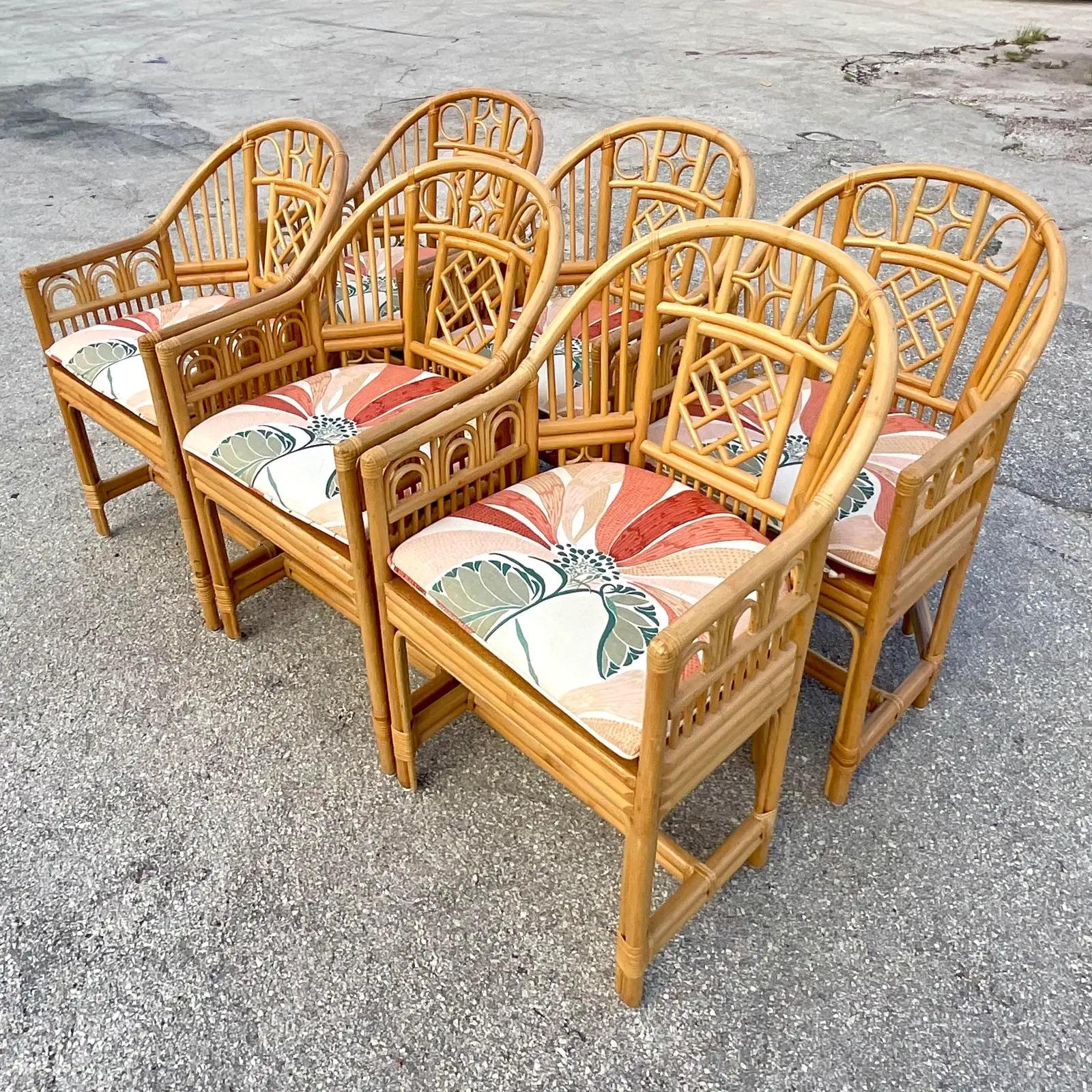 Vintage Coastal Rattan Brighton Dining Chairs, Set of 6 For Sale at 1stDibs