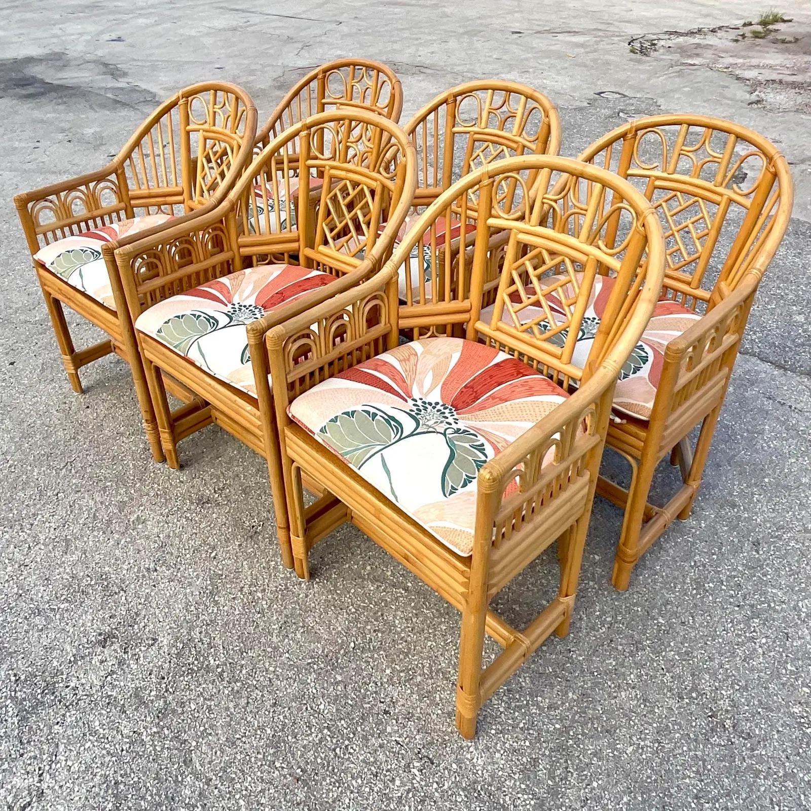 Vintage Coastal Rattan Brighton Dining Chairs, Set of 6 For Sale at 1stDibs