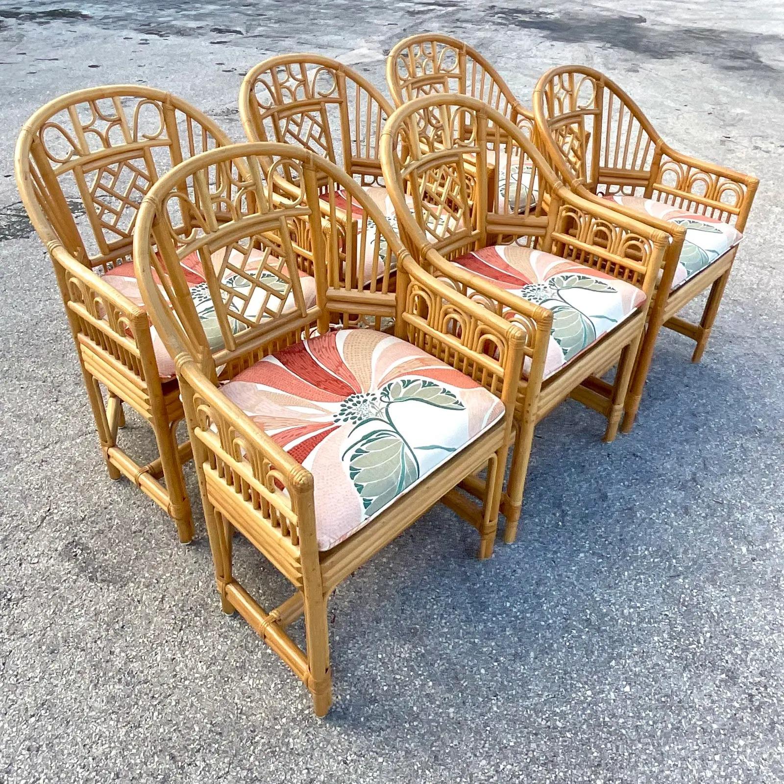Vintage Coastal Rattan Brighton Dining Chairs, Set of 6 For Sale at 1stDibs