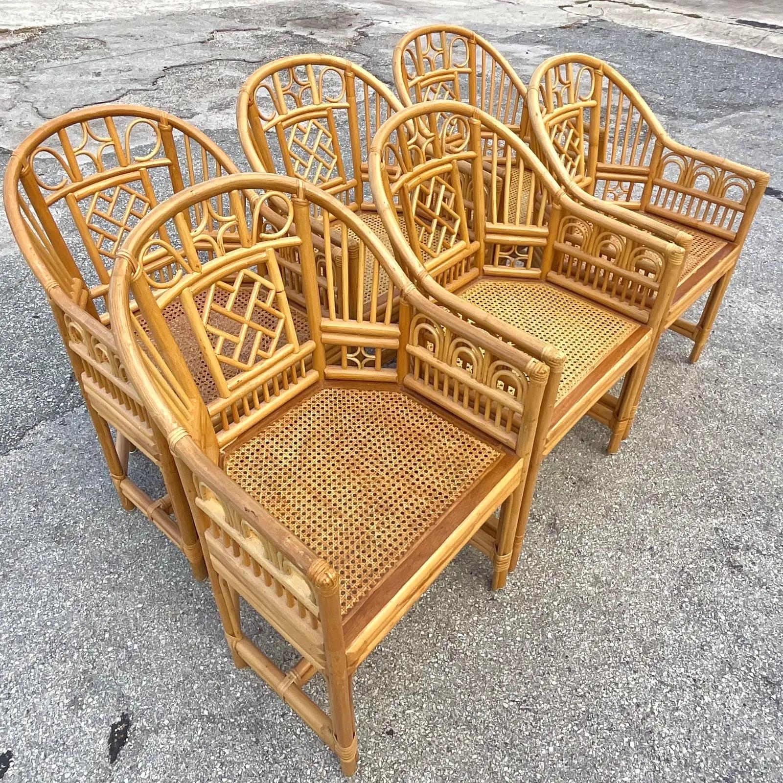 Vintage Coastal Rattan Brighton Dining Chairs, Set of 6 For Sale at 1stDibs