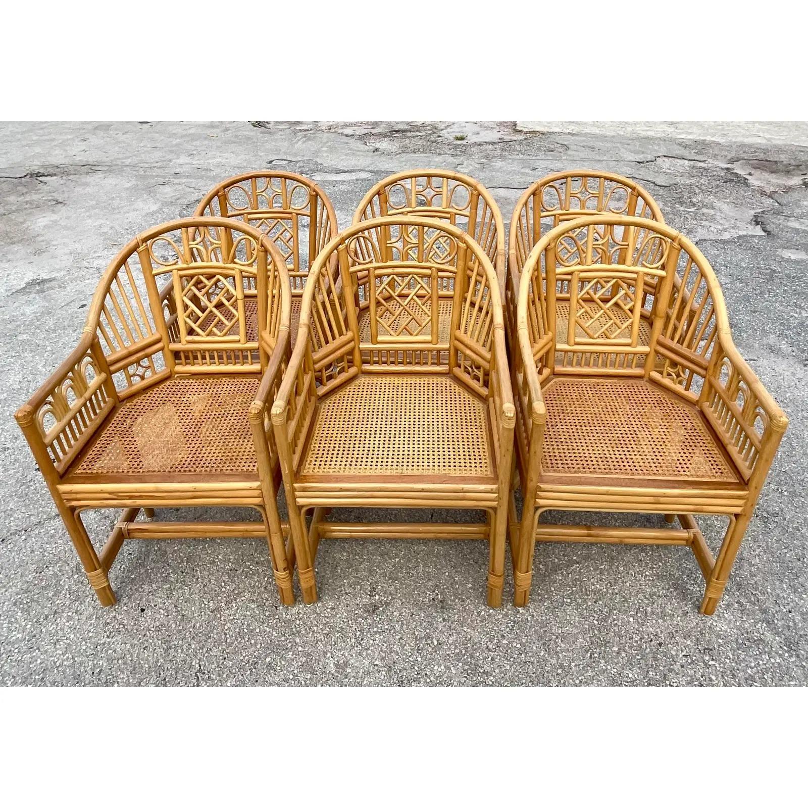 Vintage Coastal Rattan Brighton Dining Chairs, Set of 6 For Sale at 1stDibs