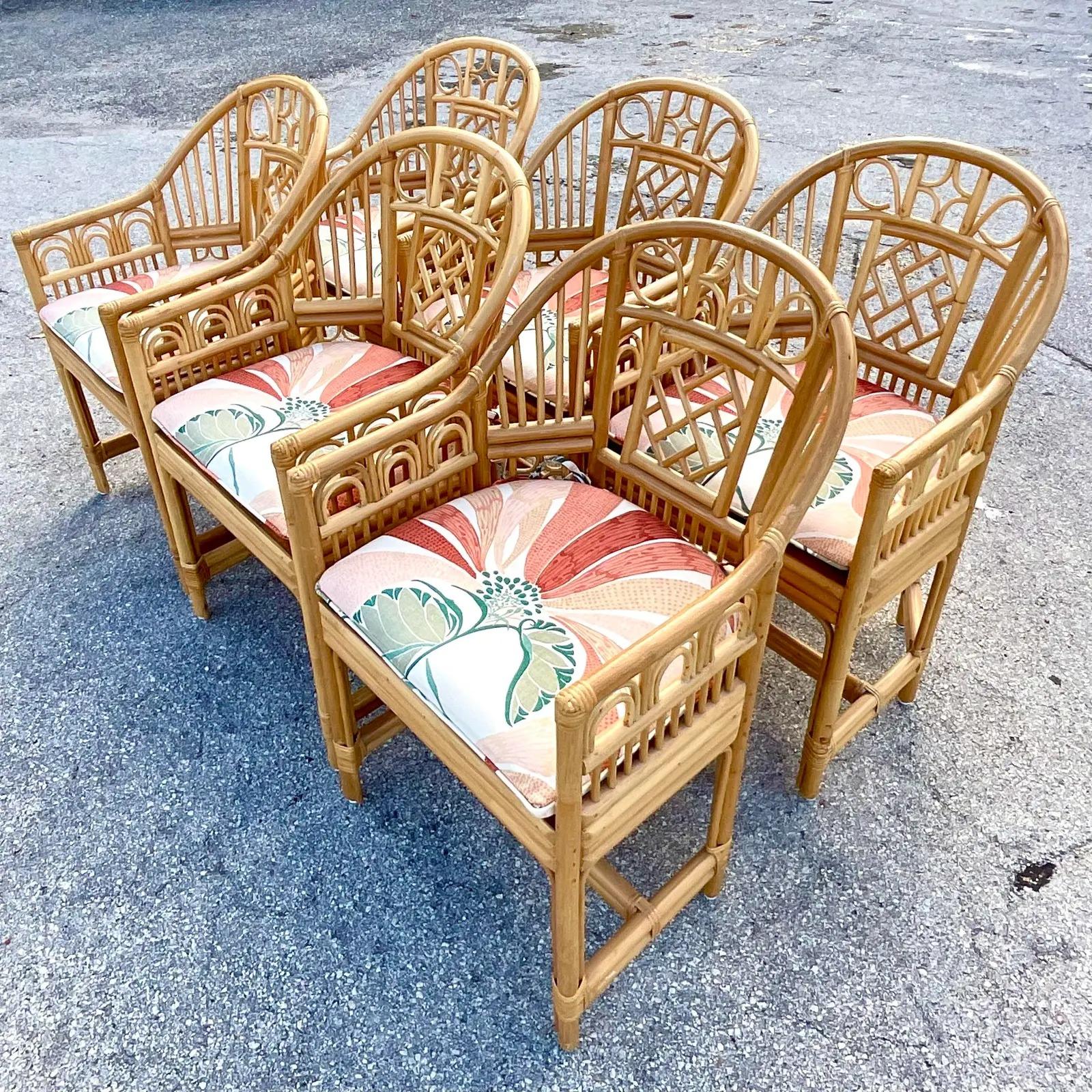Vintage Coastal Rattan Brighton Dining Chairs, Set of 6 For Sale at 1stDibs