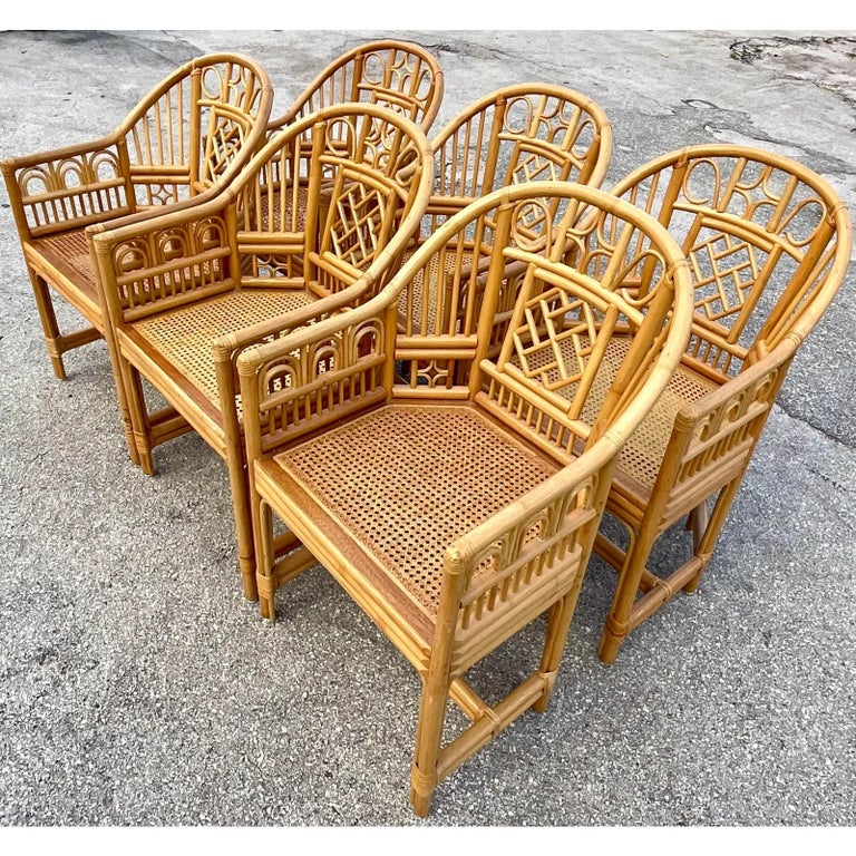 Vintage Coastal Rattan Brighton Dining Chairs, Set of 6 For Sale at 1stDibs