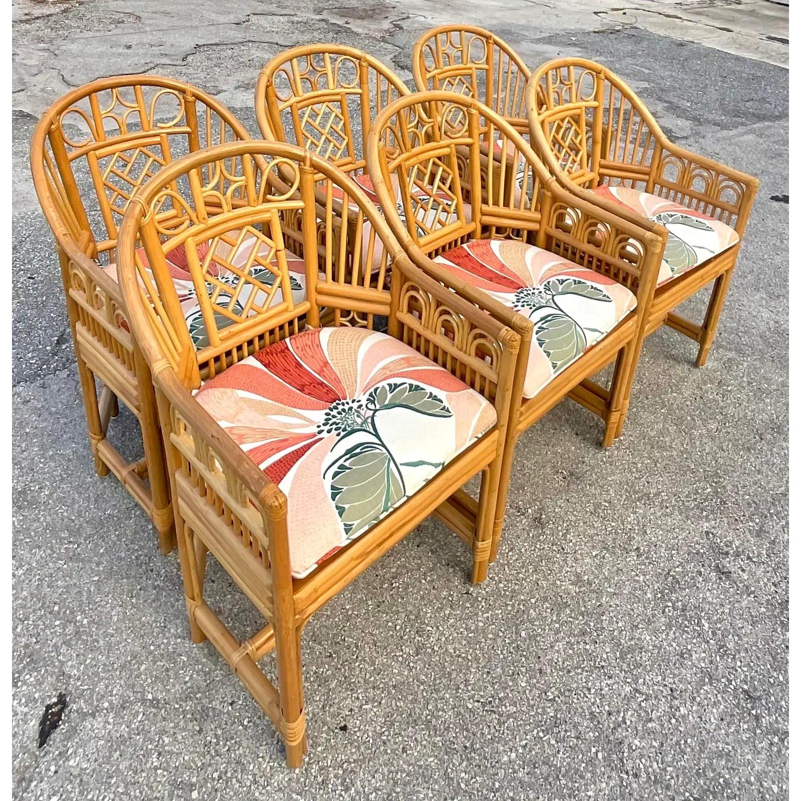 Vintage Coastal Rattan Brighton Dining Chairs, Set of 6 For Sale at 1stDibs