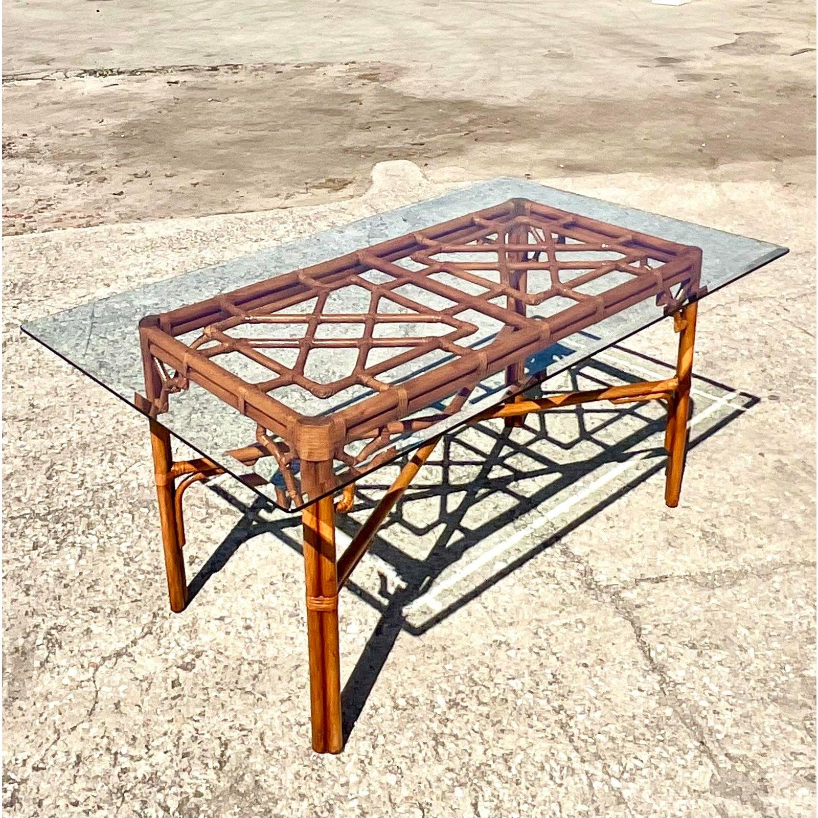 Vintage Coastal Rattan Chinese Chippendale Dining Table at 1stDibs